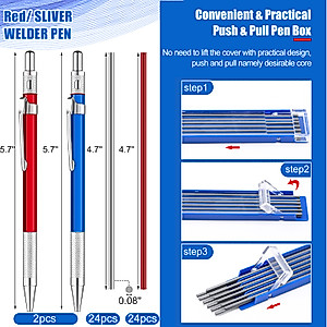 2 Pcs Welders Pencil with 48 PCS Round Refills Mechanical Pencils Metal Welding Marker for Tube Pipe Fitter Welder Steel Construction Woodworking (Red, Silver)