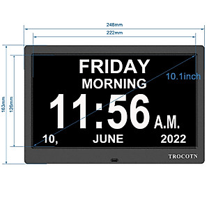 TROCOTN 10 Inches Calendar Clock Dementia Clock Large Display Alarm Clock with Auto DST for Seniors, 5 Display Modes Large Font Digital Clock with Custom Alarms Day Date Clock Wall Clock(Black)