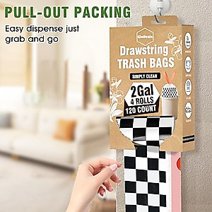 2 Gallon Trash Bags, GloDeals Small Trash Bag/Drawstring Garbage Bags, 120 Count Wastebasket Liners Durable Small Trash Bags for Bathroom, Kitchen, Bedroom, Office, Unscented, Individual Design