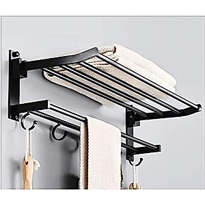Towel Racks, Towel Rack Towel Holder Bathroom Towel Rail Foldable Double Towel Holder Bathroom Shelf Wall Towel Rack with Hooks Shelf Storage Rack Wall Shelf Organizer Bath Towel Holder/Black/60Cm