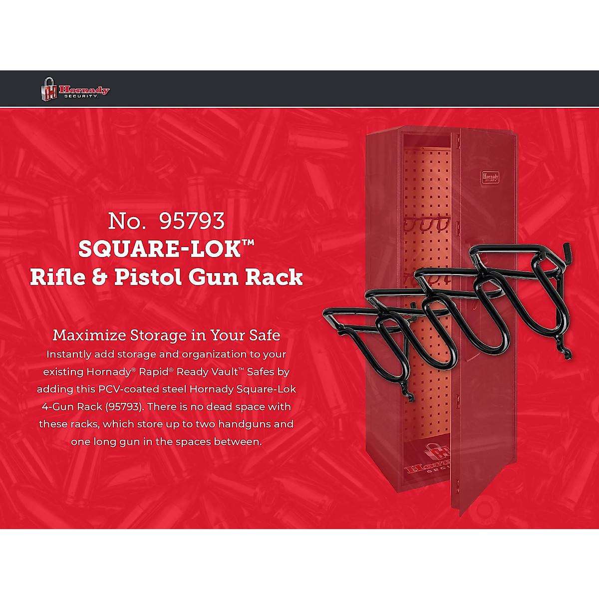 Hornady Square-Lok 4-Gun Rack. 95793 - PVC Coated Steel Racks Snap in Easily & Hold Firmly to Maximize Storage for Gun Accessories, Rifles, & Handguns - Quick Access Modular Pistol Rack for Gun Safes