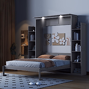 Merax Queen Size Murphy Bed, Queen Wall Bed Frame with Shelves and LED Lights, Gray