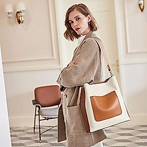 BOSTANTEN Handbags for Women Leather Designer Hobo Tote Purses Shoulder Bucket Crossbody Bags Beige with Brown