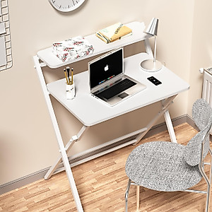 Vipass 2-Tier Folding Home Office Desk,Not Require Assembly,Space Saving Portable Laptop Study Foldable Table for Small Spaces,White