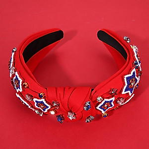 ZOLEAROPY American 4th of July Headband for Women USA Star Rhinestone Jeweled Knotted Headband Fourth of July Patriotic Red White Blue Beaded Star Top Knot Wide Hairband Hair Accessories Gift