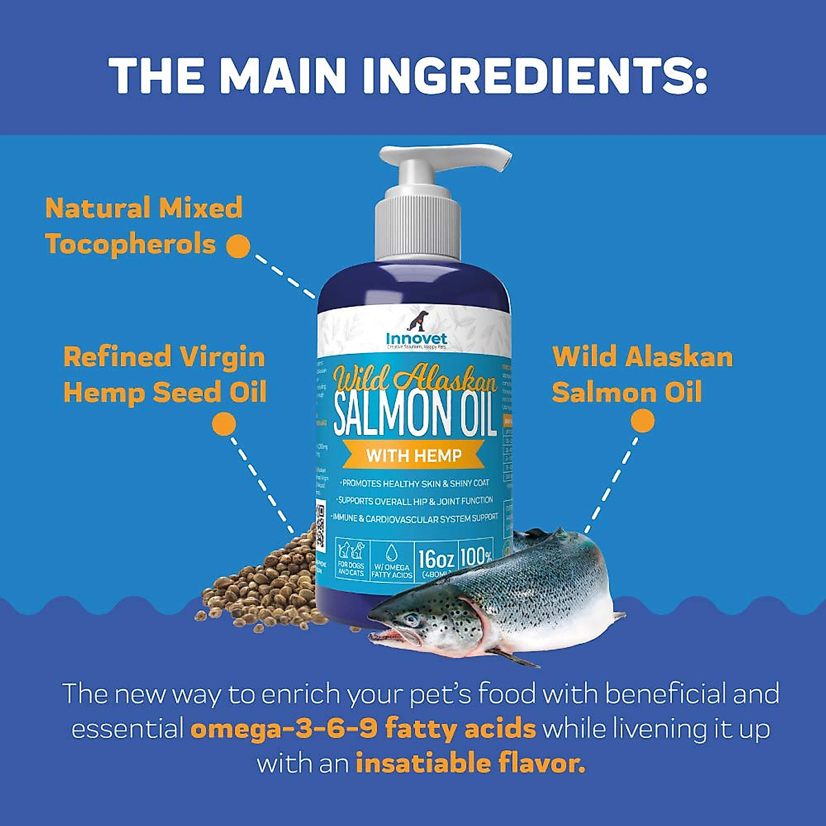 Innovet Pet Products Wild Alaskan Salmon Oil With Hemp Oil for Dogs & Cats–16oz Omega 3 6 Fish Oil Supplement, Supports Hip & Joint Function Natural EPA & DHA Fatty Acids for Shiny Coat & Healthy Skin
