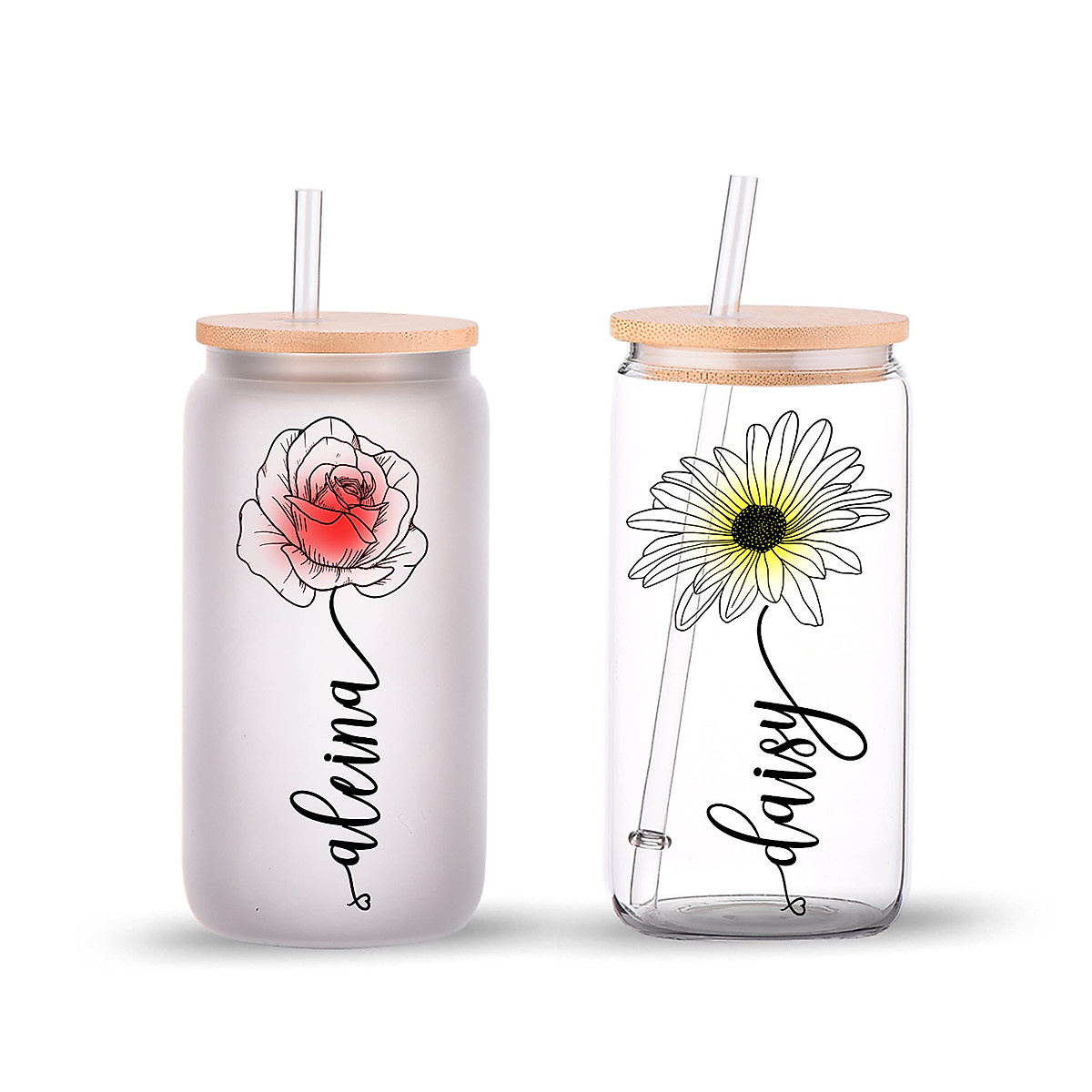 Grifil Zero Birth Month Flower Glass Tumbler, Frosted Glass Tumbler, Bamboo Lid Coffee Cup, Horoscope Birth Month Floral Design, Birthday Flower