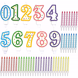 BLUE PANDA - 154-Piece Candles Number 0-9 Rainbow Stripes Birthday Cake Numeral Topper Decorations with Holders for Party Decor