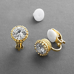 Mariell Gold Clip-On Cubic Zirconia Crystal Stud Earring, 2 Cwt., for Wedding, Brides, Birthday Gift