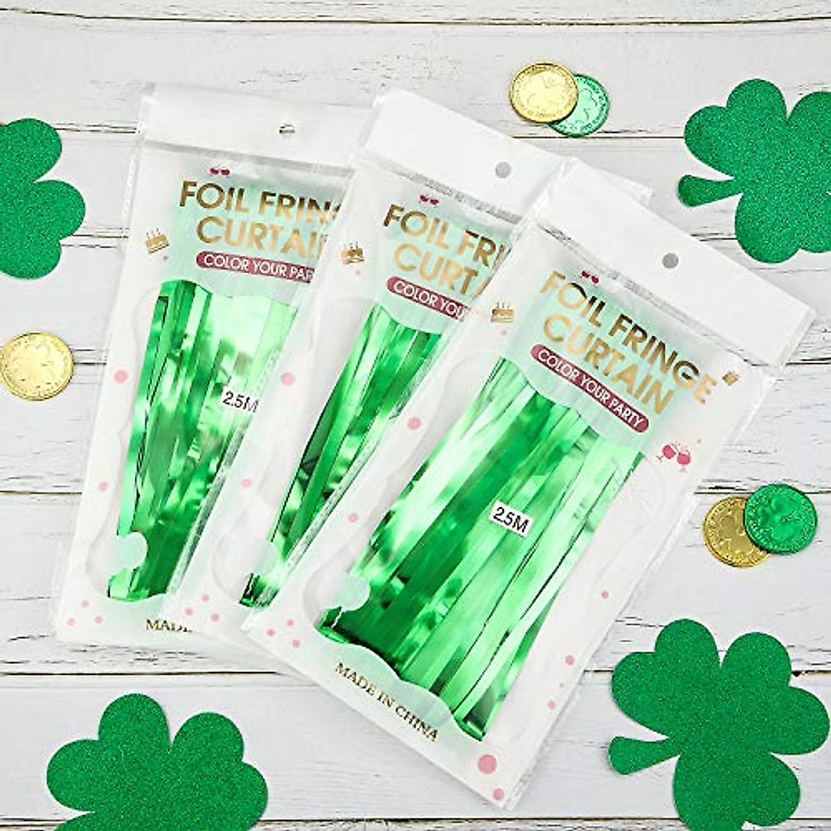 WILLBOND 6 Pieces Green Foil Curtain Metallic Tinsel Foil Backdrop Fringe Curtains St. Patrick's Day Foil Curtain Shimmer Curtain for Irish Festival Birthday Wedding Party Decoration, 3.3 x 8.2 Feet