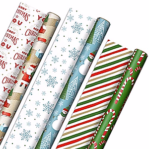 Hallmark Reversible Christmas Wrapping Paper (3 Rolls: 120 sq. ft. ttl) Rustic Santa, Papercraft Snowmen, Candy Canes, Stripes, Snowflakes, "Merry Christmas to You"