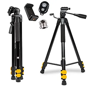 KODAK PhotoGear 62" Tripod with Remote | Compact 3-Section Flip-Lock Aluminum Tripod Adjusts 22”-62”, QuickRelease Plate, Smartphone Adapter & 1/4” to 3/8” Screw, Bubble Level, Carry Case, & E-Guide