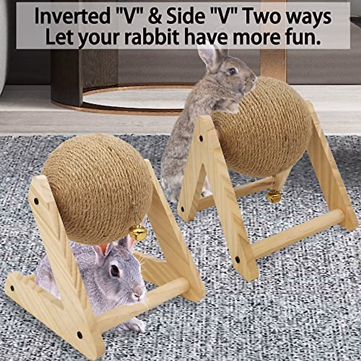 BNOSDM Rabbit Scratch Ball Sisal Bunny Scratching Toy, Wooden Pet Scratcher Stand with Ball for Indoor Rabbits Bunny, Kittens and Small Animals