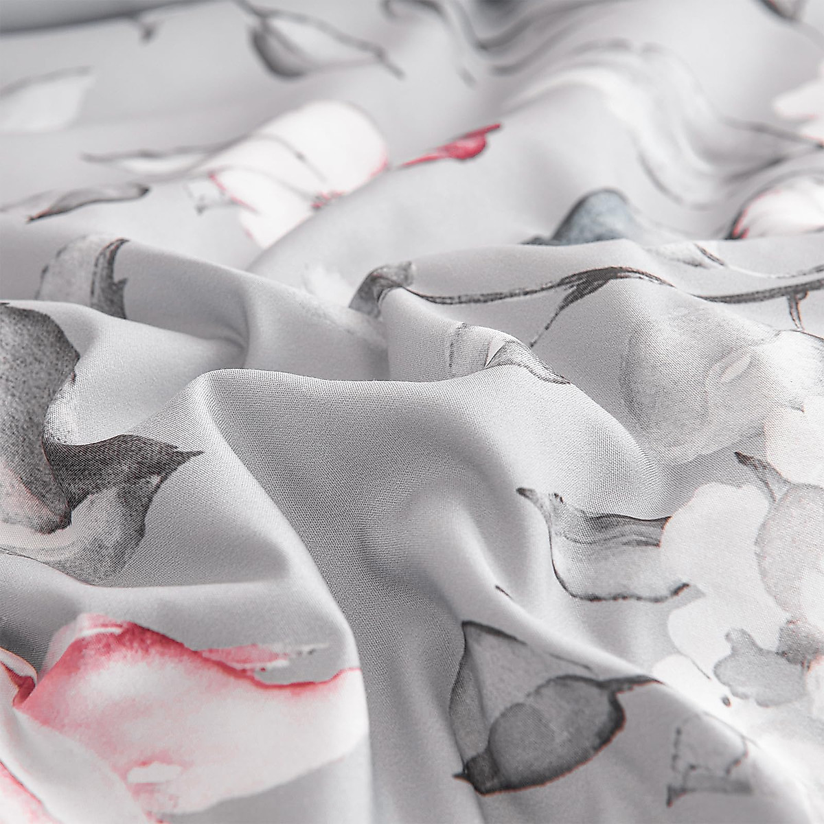 Koniroom 3 Pieces Pink and Grey Comforter Set Queen Size, Floral Bedding Sets with Pink Flowers and Leaves Pattern for Women Teen Girls, Reversible All Season Comforter with 2 Pillow Shams