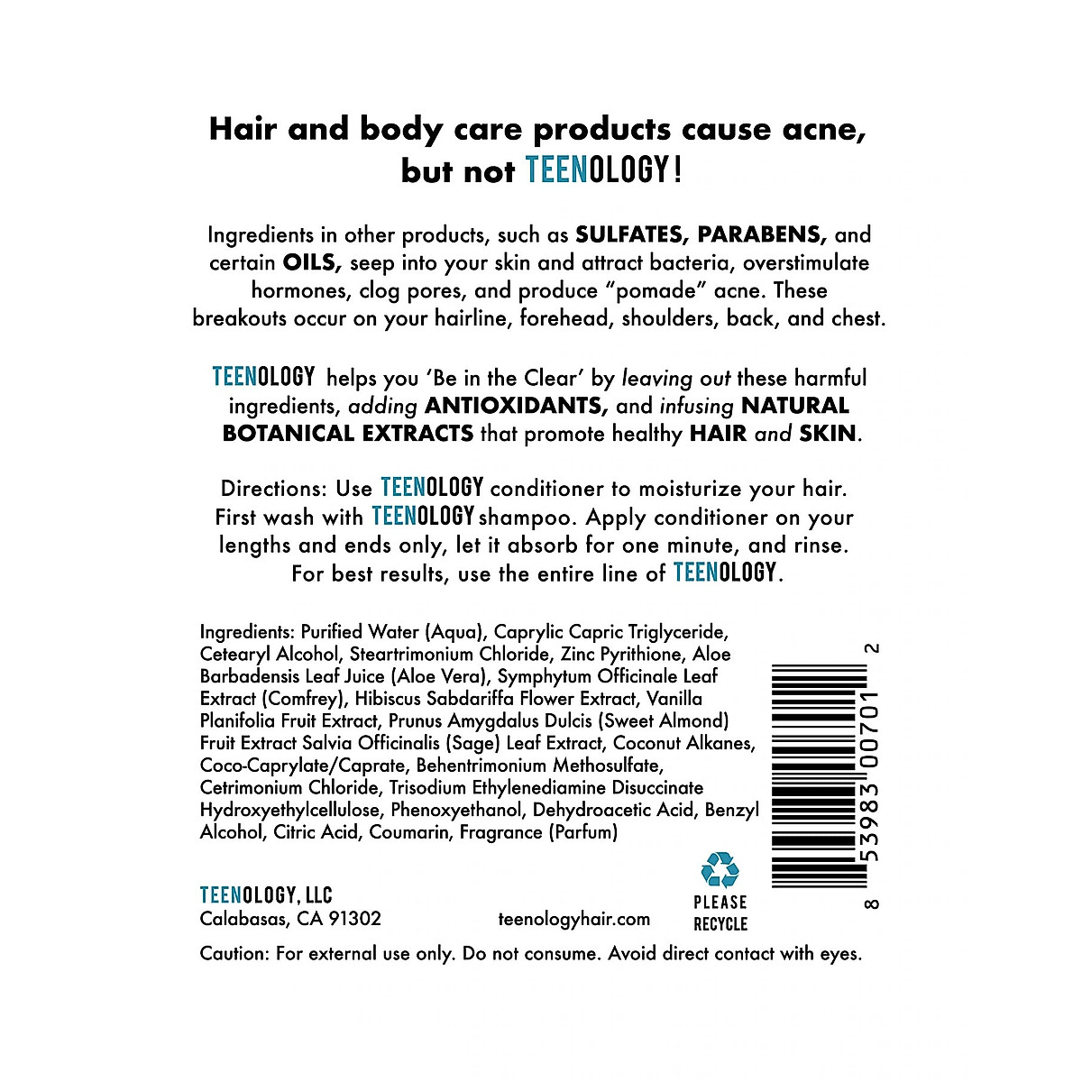 Teenology Conditioner for Teens - Avoid Forehead and Body Acne - Sulfate and Paraben Free, Noncomedogenic, Natural Botanical Extracts, Vanilla Almond - 16 oz.