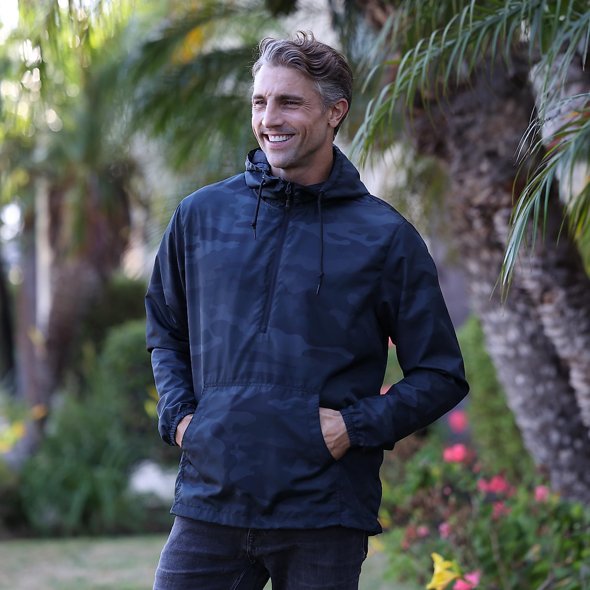 Global Blank Men's Lightweight Windproof Water Resistant Windbreaker Packable Jacket Shell with Hood, Black, Large