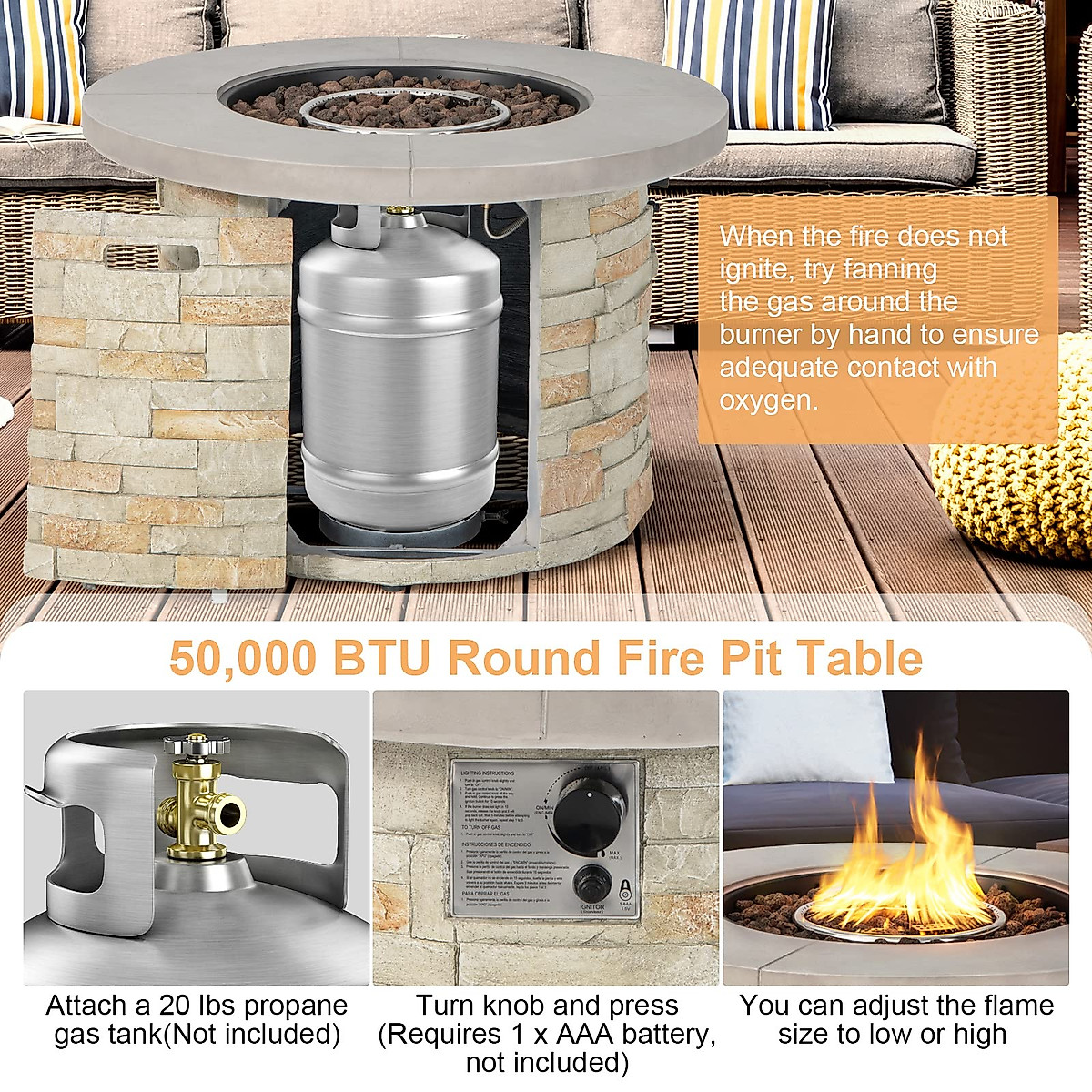 Tangkula 50,000 BTU Propane Gas Fire Pit Table, Patiojoy 36” Round Propane Firepit with Removable Lid, Volcanic Rock & PVC Cover, Outdoor Fire Pit Table with Faux Stone Surface for Patio, Backyard