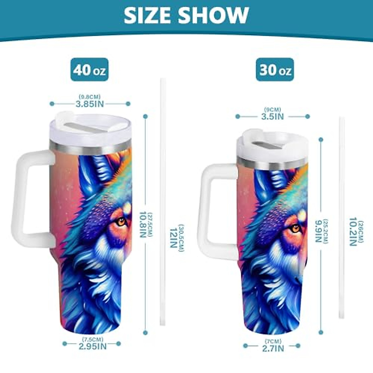 ODAWA 40oz Colorful Wolf Water Tumbler with Handle and Straw, 2 in 1 Lid Vacuum Insulated Tumbler