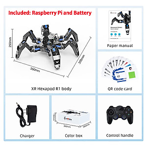 XiaoR Geek Hexapod Robot Kit for Raspberry Pi 4B, Walking Spider Programmable AI Robot Kit, Face,QR Code,Color Recognition, Ultrasonic Sensor, HD Camera, 18 DOF Metal Servo (Included Raspberry Pi)
