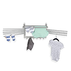 brightmaison BGT Wash Clothes Drying Rack Wall Mount Laundry Room Organizer with Hooks & Swing Arms, 17" Metal Laundry Rack Silver