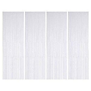 Muhome White Foil Fringe Curtain, 4PCS 3.28FT x 8.2FT Tinsel Door Curtains & 1 Masking Tape Fringe Backdrop for Wedding Birthday Bridal Shower Bachelorette Easter Party Decorations