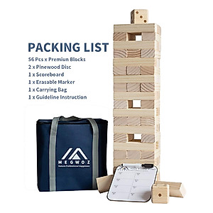 Megwoz Giant Tumble Tower, Stacking Backyard Game Stacking from 2Ft to Over 4.2Ft with 2 Dices|Scoreboard| Carrying Bag, Wooden Block Indoor Outdoor Game for Kids Adult Family- 57 Pieces