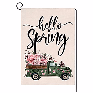 Sambosk Hello Spring Garden Flag 12x18 Vertical Double Sided Burlap Truck with Pink Flowers Butterfly Farmhouse Yard Outdoor Decoration