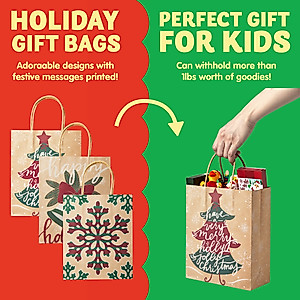 JOYIN 24 PCS Christmas Kraft Bags, Paper Gift Bags with Christmas Characters for Xmas Party Favors, Goody Gift Bags, Holiday Treat Box and Presents 7.25x9x3.5 Inch (not included tissue paper)