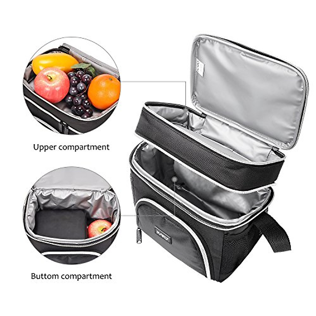 Kato Insulated Small Lunch Bag, Leakproof Dual Compartment Thermal Cooler Reusable Lunch Tote for Men and Women, Black