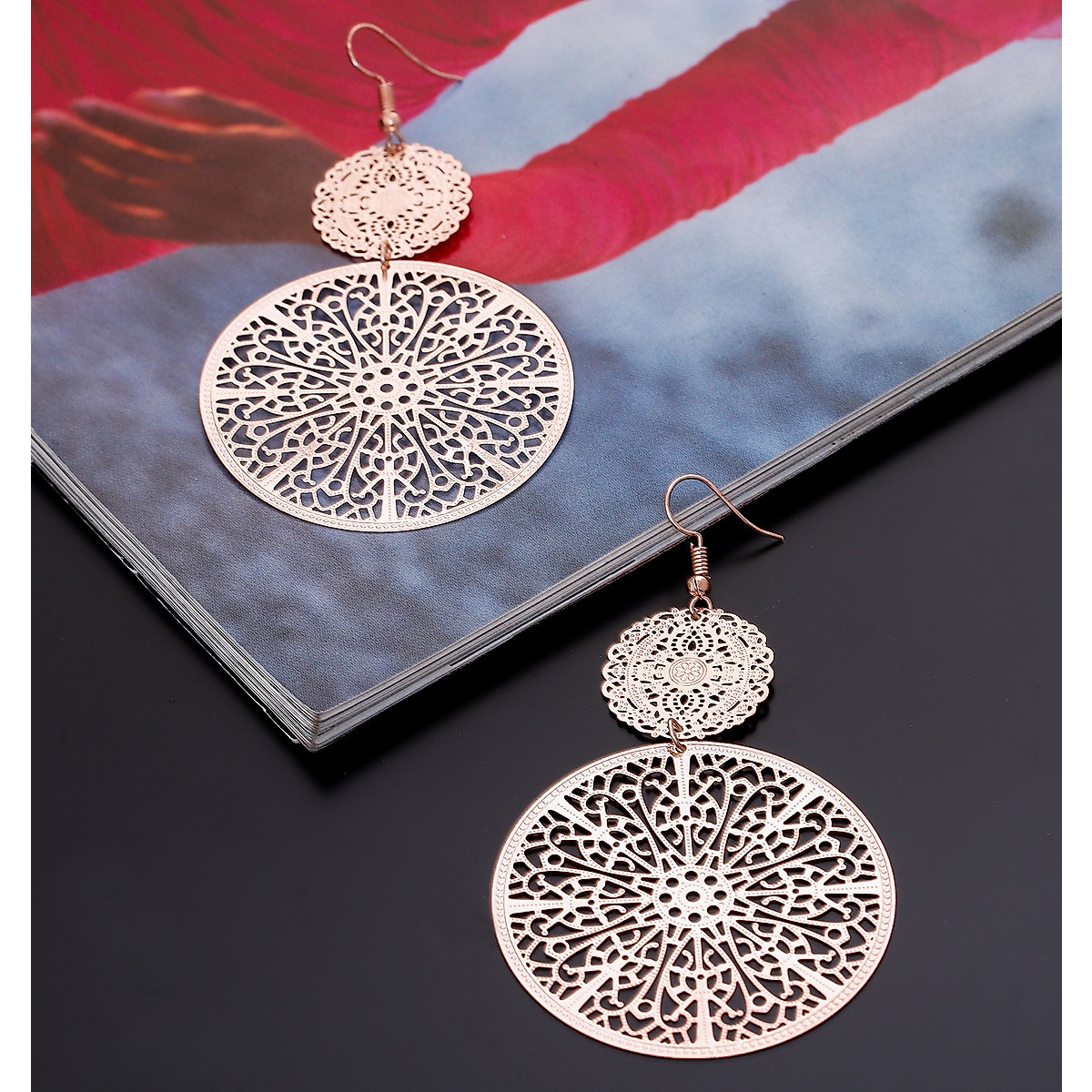 Filigree Disc Drop Earrings Double Round Disc Statement Earrings Metallic Brass Disc Dangle Hook Earrings