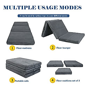 MeMoreCool Folding Mattress 4-Inch Memory Foam Foldable Mattress, Tri-Folding Mattress Futon/Camp/Travel Mattress Topper, Portable Mattress Floor Bed Couch for Guest, Cushion & Floor Mattress 2 in 1