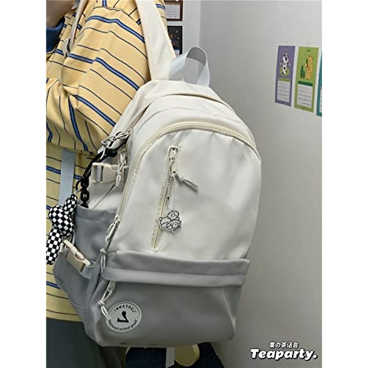 SUFUZEGA Kawaii Simple Patchwork Large Backpack Cute Pendant Teen Girl Student School Bag Bookbag Laptop Travel Waterproof (Grey)