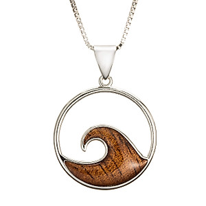 Aloha Jewelry Company 925 Sterling Silver Hawaiian Koa Wood Ocean Wave Necklace Pendant with 18" Box Chain, Nickle Free Hypoallergenic for Sensitive Skin, Gift Box Included