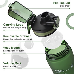 Opard Peak Water Bottle 20 Oz BPA Free Tritan Plastic Leak Proof Flip Top for School Kids Sports Gym Yoga Camping (Dark Green)