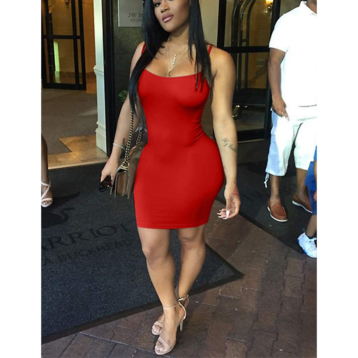 Mizoci Women's Sexy Sleeveless Spaghetti Strap Tank Bodycon Tight Mini Club Party Dress,X-Small,Red