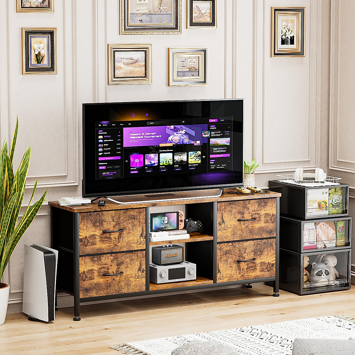 Lulive Dresser TV Stand, Wide Dressers & Chests of Drawers with Charging Station & 4 Drawers Storage for 50 inch TV, Media Console Sofa Table for Bedroom, Living Room (Rustic Brown)