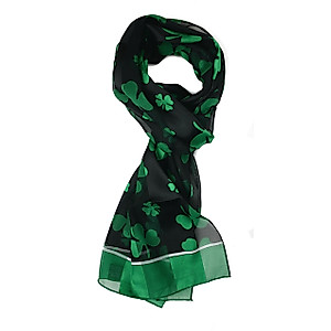 Plum Feathers Holiday Prints, Valentine's, St. Patricks Patterns Satin Scarf (Black with Green Shamrocks and Border)