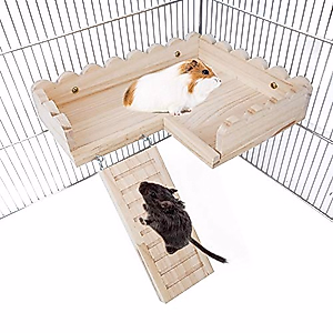 ROZKITCH Hamster Platform with Climbing Ladder, Bird Perch Cage Toy Wooden Play Gym Stand, Natural Pine Wood Tray for Chinchilla Squirrel Rabbit Guinea Pig, Birdcage Toy for Parrot Conure Parakeet