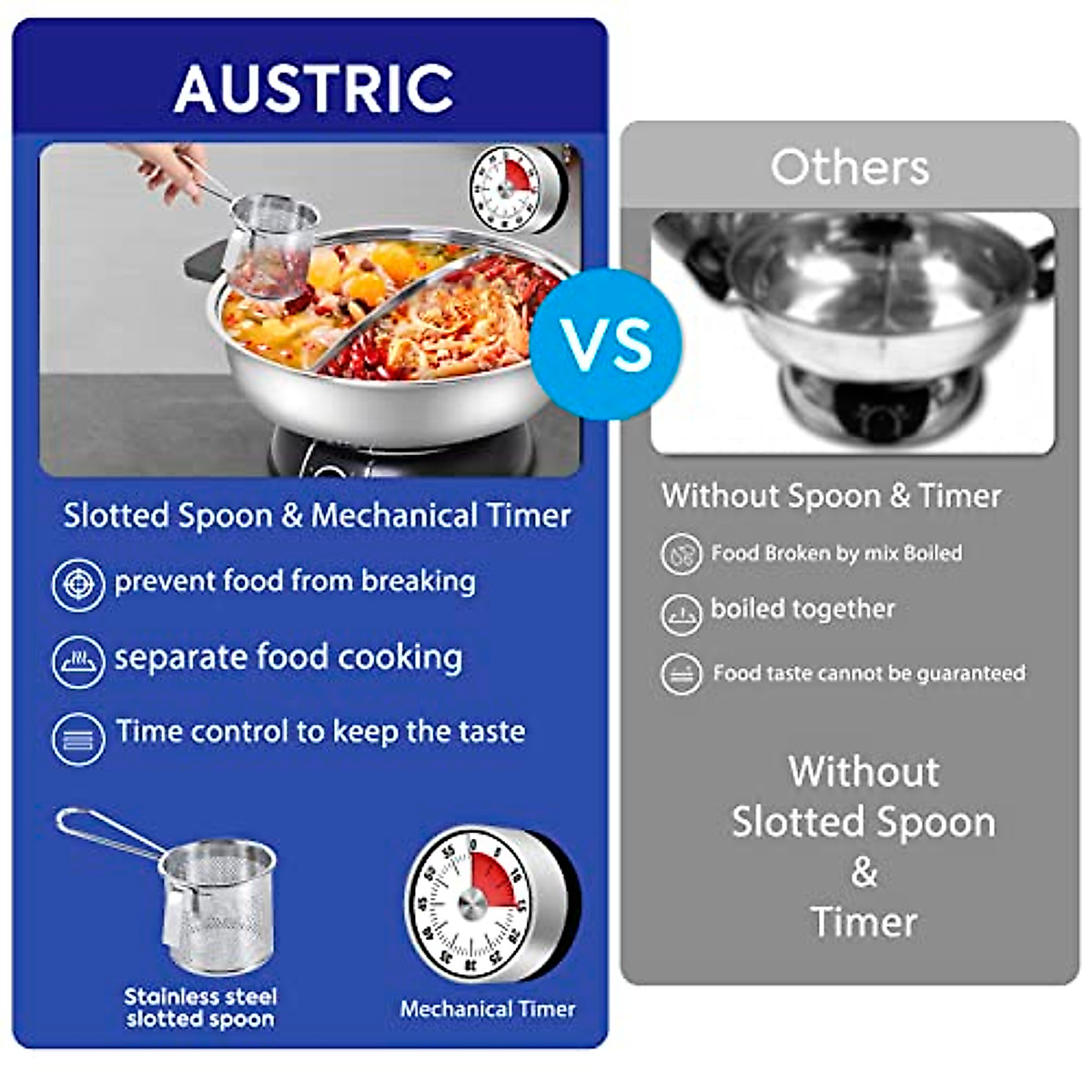 Austric Electric Shabu Shabu Hot Pot, 304 Stainless Steel Hot Pot with Divider Electric pot with Tempered Glass Lid for Party, Family Gathering,5L large capacity（Silver） (Shabu Lift Timer)