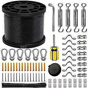 NEREUS String Light Hanging Kit with 164 Ft Nylon Coated 304 Stainless Steel Wire Rope, String Light Suspension Kit, Guide Wire with Turnbuckles and Hooks for Patio, Backyard Lighting Accessories