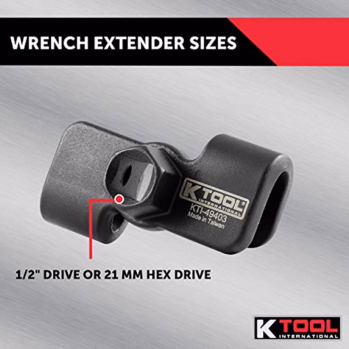 K Tool International 49403 Universal Automotive Wrench Extender Adaptor with 1/2 Inch or 21mm Hex Drive for Garages, Repair Shops, and DIY, Drop Forged Body with Heat Treatment, Extendable, Black