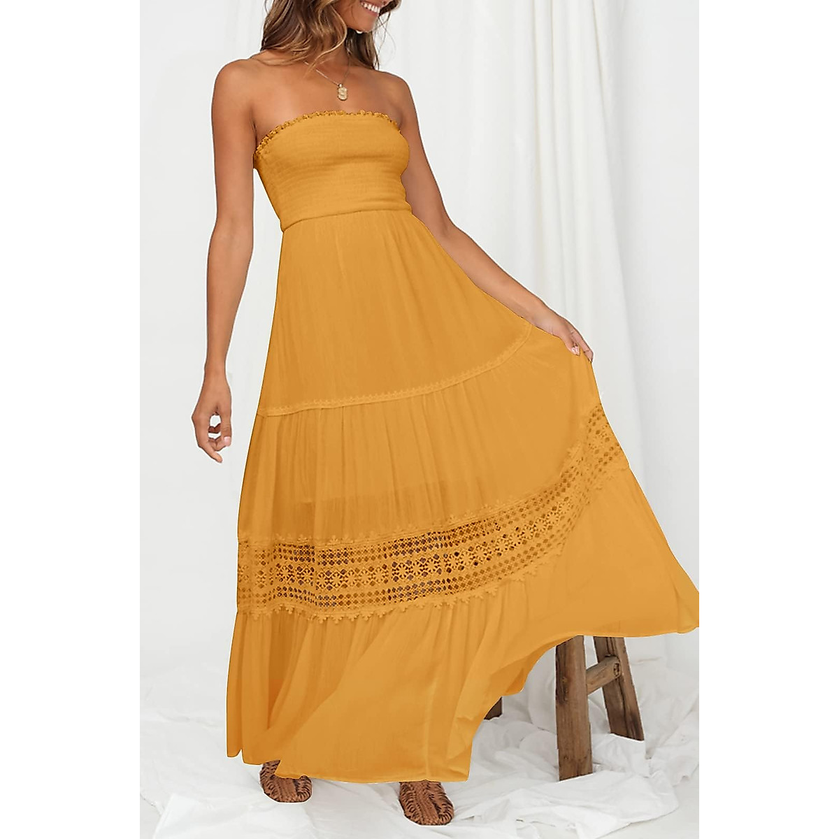 ZESICA Women's 2025 Summer Bohemian Strapless Off Shoulder Lace Trim Backless Flowy A Line Beach Long Maxi Dress,Yellow,Large