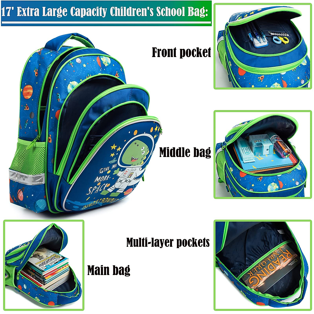 Egchescebo Boys Dinosaur backpack School Bookbag for Boys Kids Bling School Elementary Backpacks for Boys 17" Toddler Backpack Boys Bookbag Unicorn Bags for Boys Blue