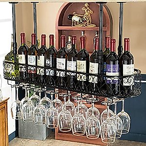 LAJUU Wine Racks,Wine Glass Holder with Guardrail,Hanging Wine Glass Rack Stemware Holder Wrought Iron,Wine Bottle Holder for Shelf Adjustable Height for Bars Restaurants Kitchens/Black/120 * 25Cm