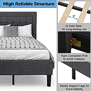Giantex Upholstered Bed Frame, Modern Platform Bed w/Button Tufted Headboard, Solid Slats Support Mattress Foundation, No Box Spring Needed, Easy Assembly, Noise-Free Design, Twin, Grey