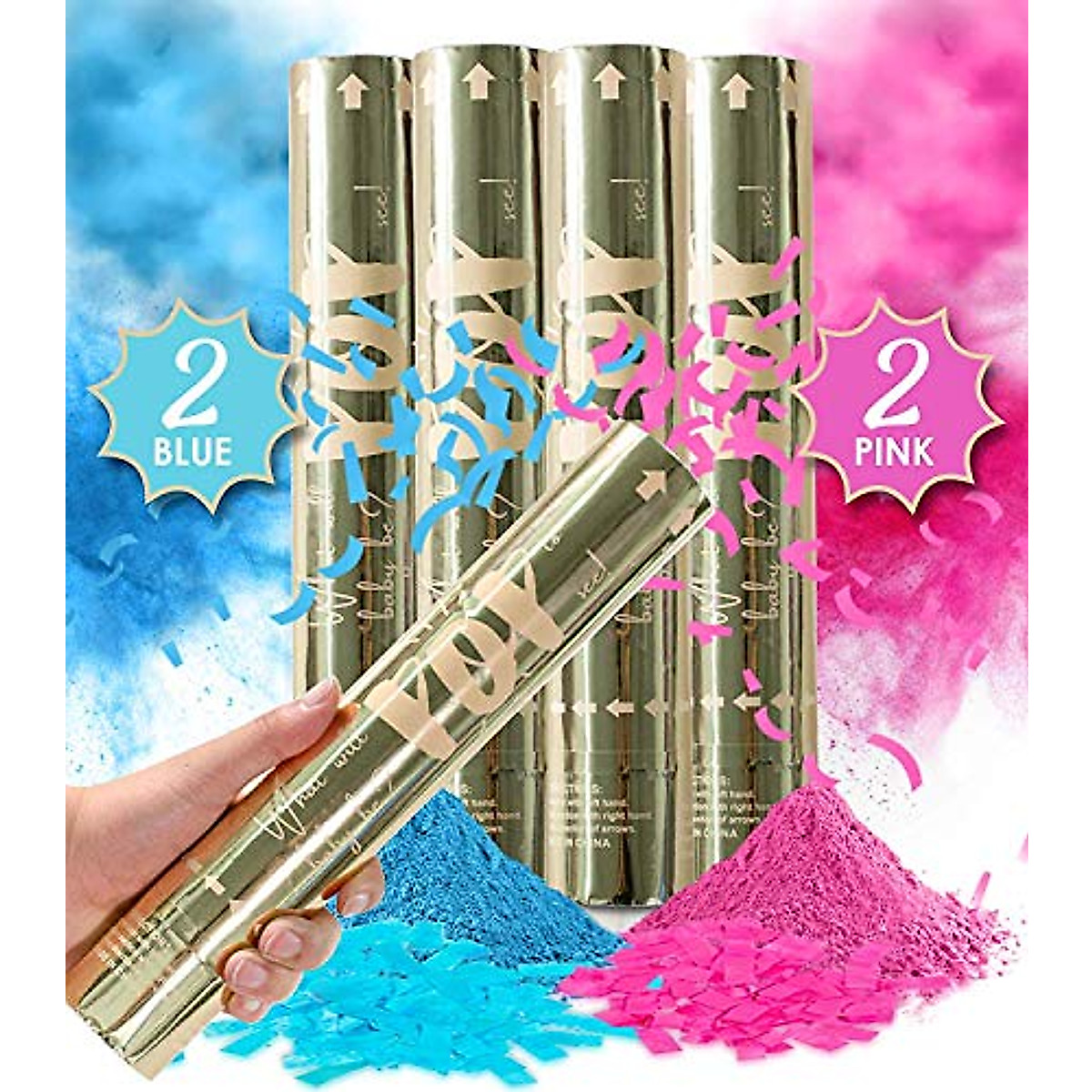 Revealations Gender Reveal Confetti Powder Cannon - Set of 4 Mixed (2 Blue 2 Pink) Gender Reveal Party Supplies - 100% Biodegradable Tissue Safe Powder Smoke