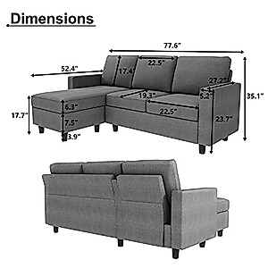 HONBAY Convertible Sectional Sofa, Convertible L Shaped Couch with Reversible Chaise, Sectional Couch for Small Space Apartment, Grey