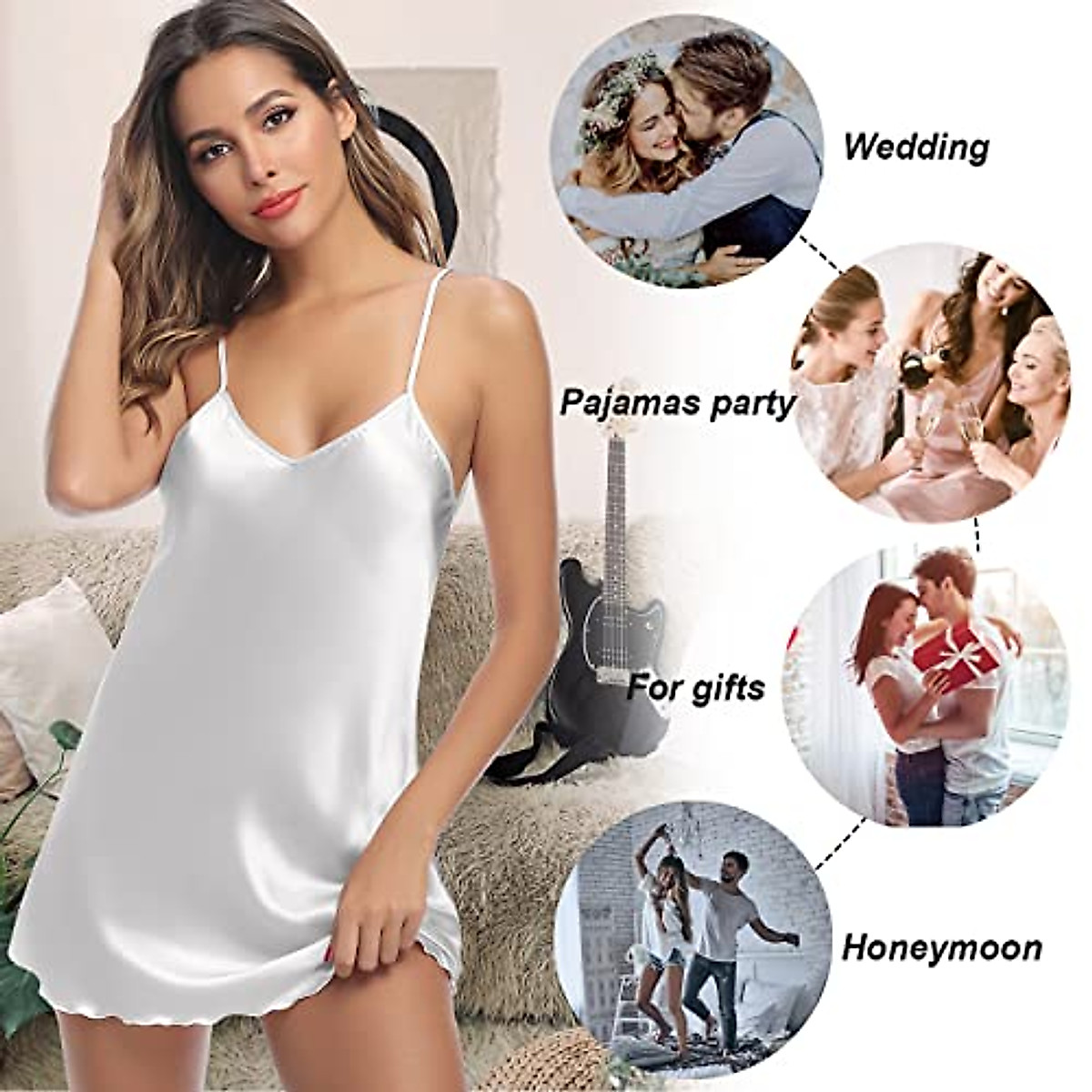 Litherday Women's Satin Nightgown Silk Slip Sleepwear Sexy V Neck Negligee Lingerie Short Nightwear Mini Dress White X-Large