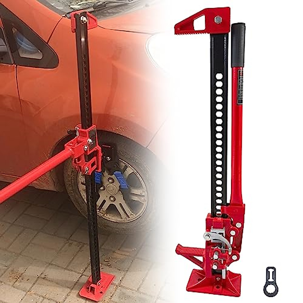 AoKuElec Heavy Duty Farm Jack 33 inch, High Lift Ratcheting Off Road Utility Jack with Wide Base, Cast and Steel, Stand 6000 lbs/3 Tons Capacity Red