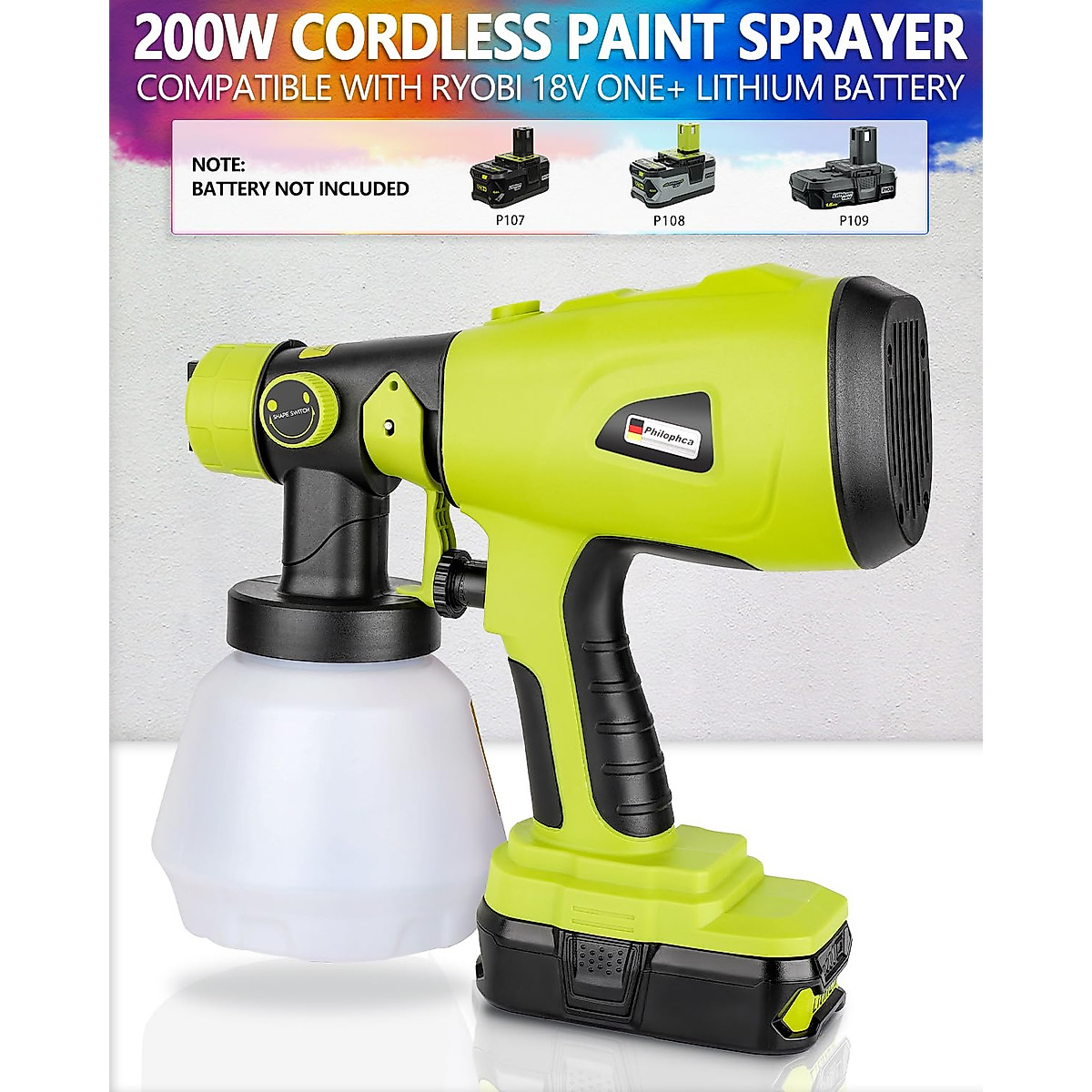 Paint Sprayer for Ryobi Paint Sprayer Compatible with Ryobi 18V ONE+ Lithium Battery, 200W High Power HVLP Spray Paint Gun 4 Copper Nozzles, 3 Patterns for Fence, Ceiling (Tool only)